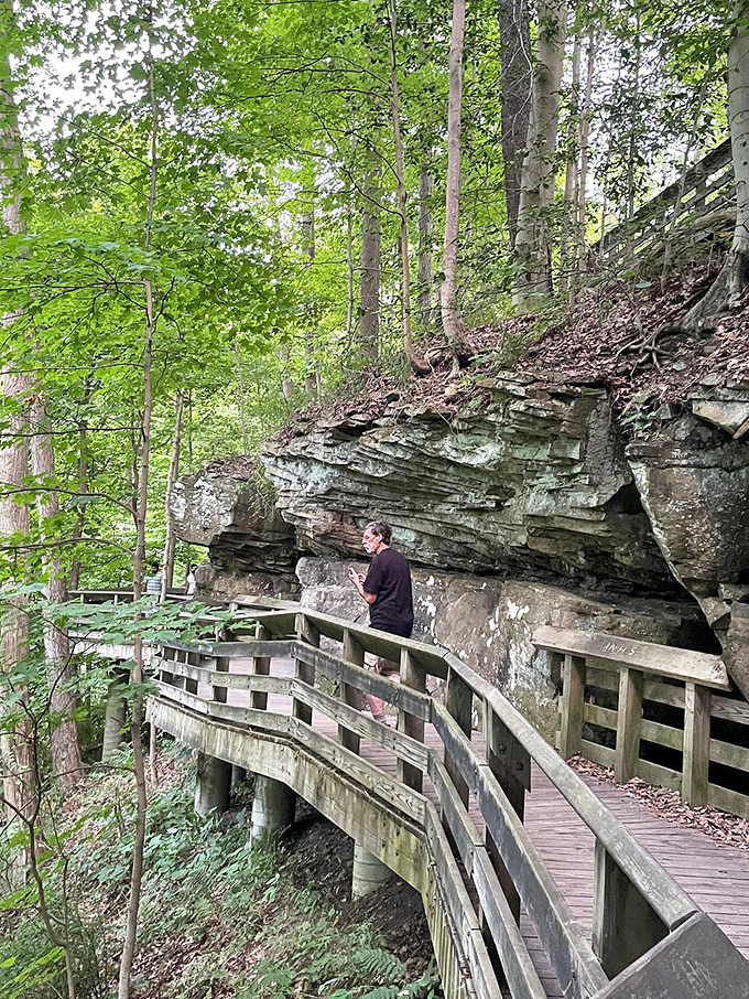 Curve appeal! This winding boardwalk hugs the rockface like nature's own roller coaster, minus the stomach-dropping plunges.