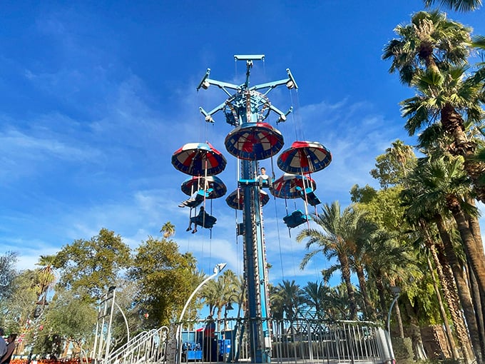 Reach for the sky! This parachute tower isn't just a ride, it's a lesson in physics and a test of your ability to keep your lunch down.