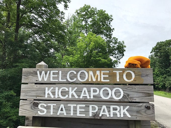 "Welcome to Kickapoo State Park" - where even the sign looks like it's having more fun than you are at work.