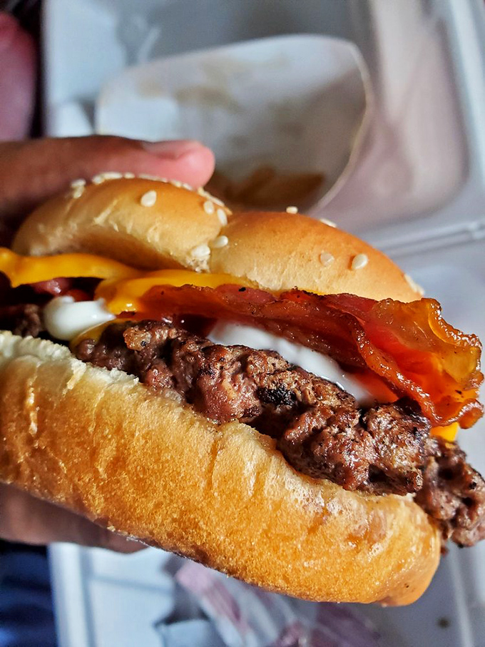 Holy smoky goodness! This bacon cheeseburger isn't just a meal, it's a flavor explosion that'll make your taste buds do the happy dance.