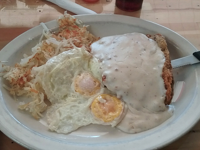 Behold, the chicken fried steak! It's not just a meal, it's a challenge to your belt's integrity.