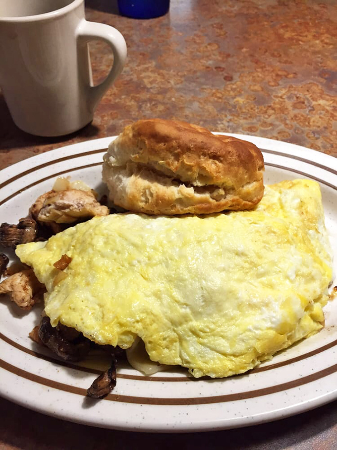 Behold, the Chicken Mushroom Omelette! A golden envelope of eggy goodness, stuffed fuller than Santa's sleigh on Christmas Eve.