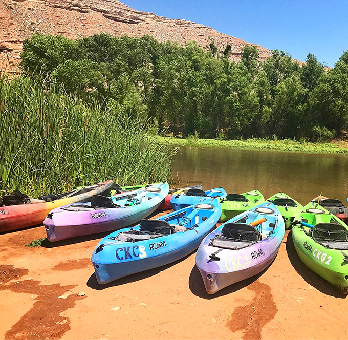 Paddle your way to serenity! These kaleidoscopic kayaks are your ticket to a Wes Anderson-esque adventure on Clarkdale's pristine waters.