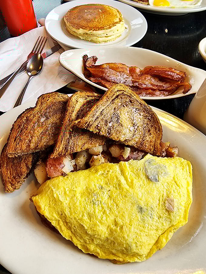 The breakfast of champions... or anyone with a pulse. This plate is more stacked than my grandma's photo albums!