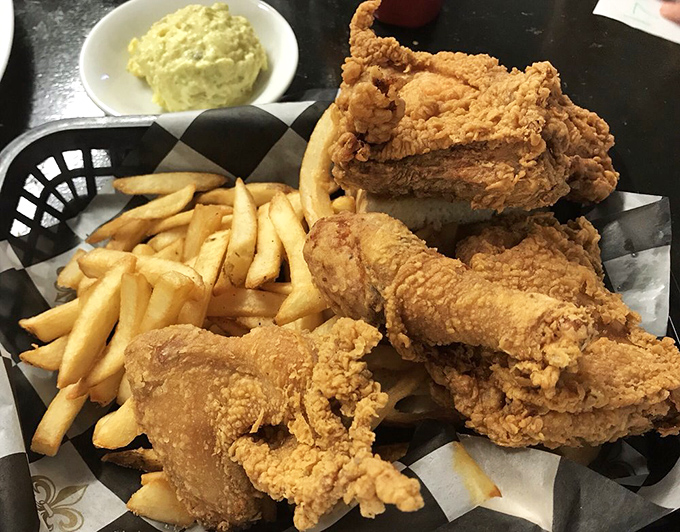 Golden-brown perfection on a plate! This fried chicken looks so crispy, it could give Colonel Sanders a run for his money.