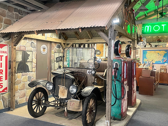 Fill 'er up with memories! This lovingly preserved gas station scene transports you to an era when service came with a smile and a free windshield wash.