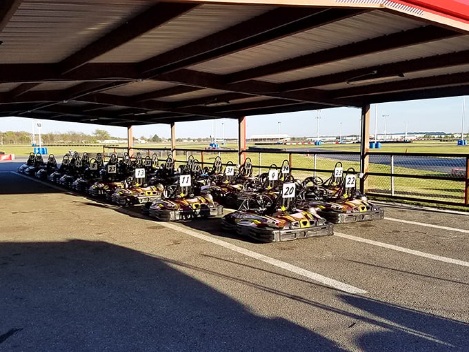 Ready, set, vroom! These go-karts are lined up like eager racehorses at the Kentucky Derby, chomping at the bit to hit the track.