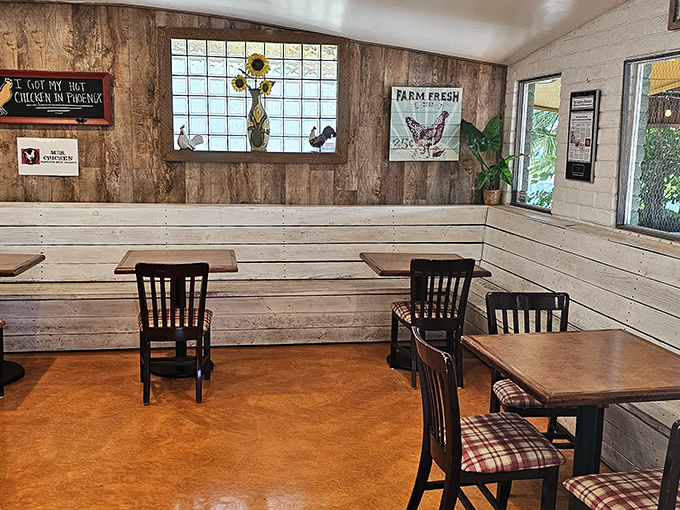 Step into a time machine disguised as a dining room. With wood paneling and farm-fresh decor, it's like your grandma's kitchen got a hip makeover.