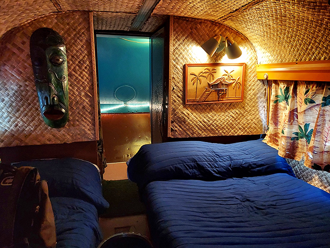Step inside and prepare for a groovy getaway! This tiki-themed trailer interior is so authentically retro, you'll half expect Don Ho to pop out of the closet.