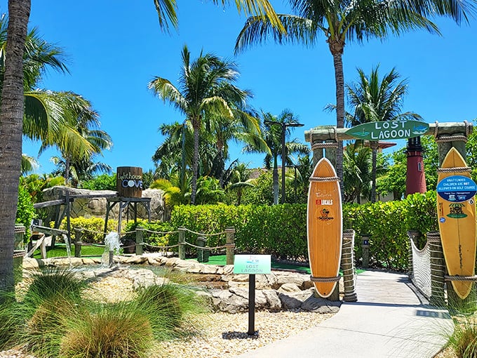 "Lost Lagoon" or "Found Paradise"? This tropical oasis makes you forget you're wielding a putter, not a Mai Tai.