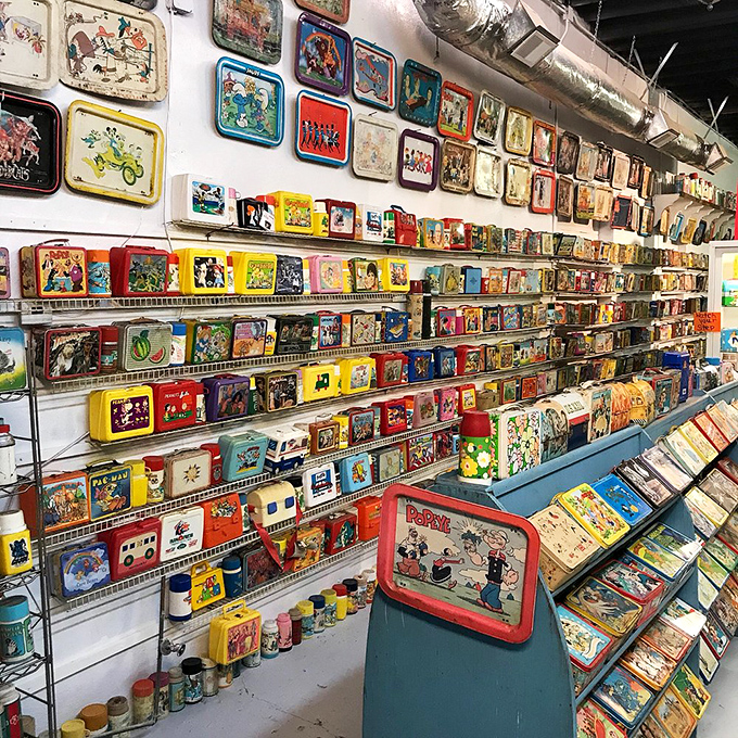 From Howdy Doody to Hello Kitty, this wall of lunch boxes is a colorful timeline of pop culture. Can you spot your childhood hero?