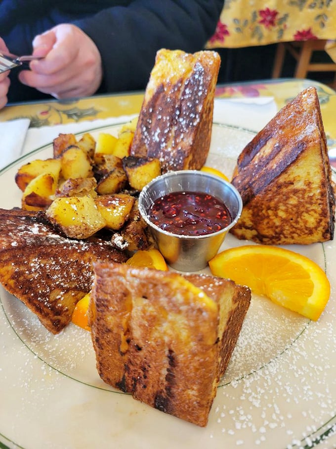 The Monte Cristo: where breakfast and lunch collide in a powdered sugar snowstorm. It's the sandwich equivalent of a warm hug.