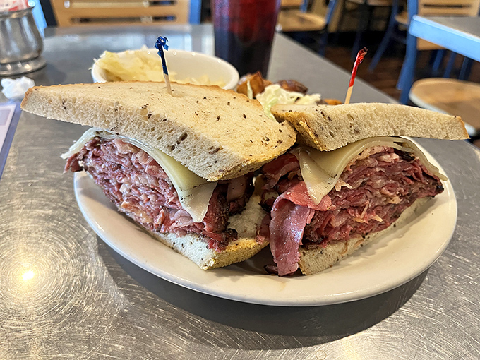 Holy moly, that's a sandwich! This Reuben is so packed, it could probably qualify for its own zip code. Jaw-dropping in more ways than one!
