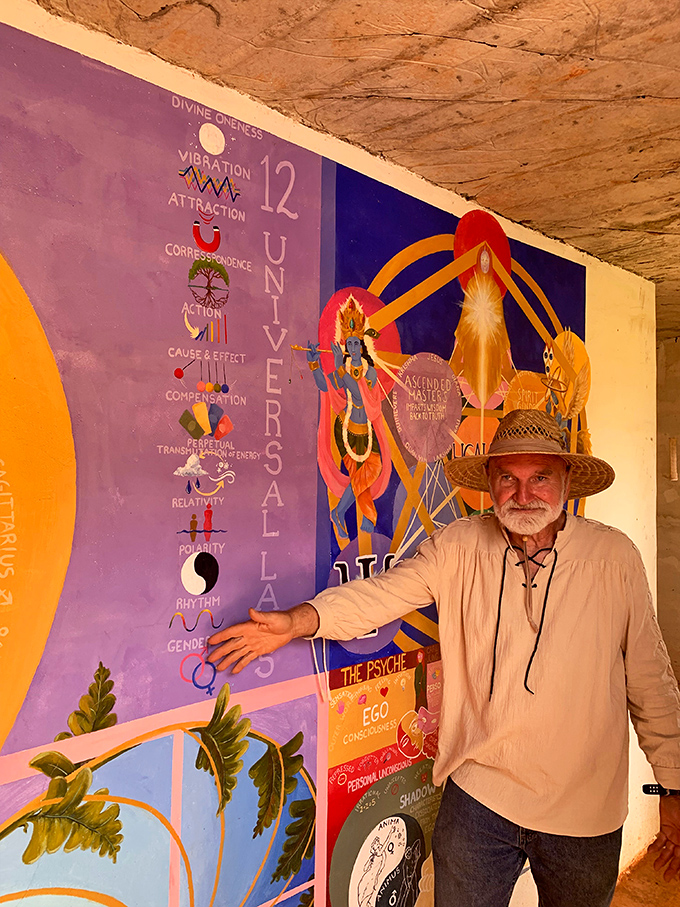 Forget dusty history books - this tour guide brings the past to life with colorful murals that are part Sistine Chapel, part psychedelic journey.