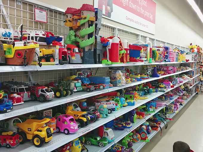 Toy story come to life! This aisle is a nostalgic playground where childhood memories and future playtime adventures collide in a riot of primary colors.