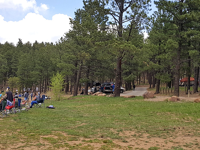 Lawn chairs: the thrones of the great outdoors. Visitors kick back and relax, proving that sometimes the best entertainment is simply soaking in nature's beauty.