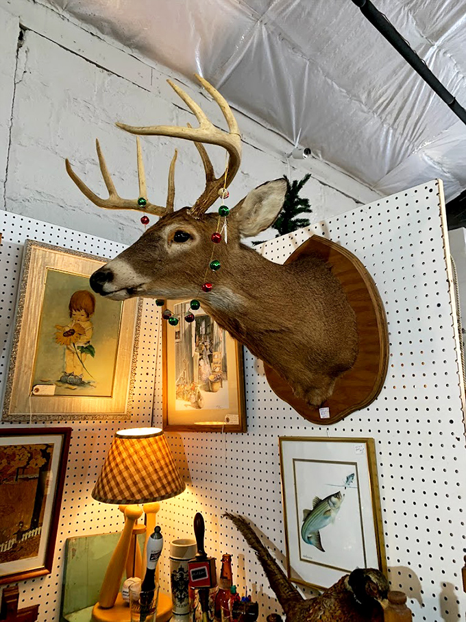 Oh deer, what have we here? This festive buck seems ready to lead Santa's sleigh, surrounded by an eclectic mix of vintage art.