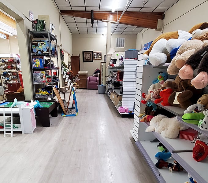 Behold the toy aisle, where childhood dreams come to play! It's a stuffed animal zoo meets action figure convention, with a dash of board game nostalgia.