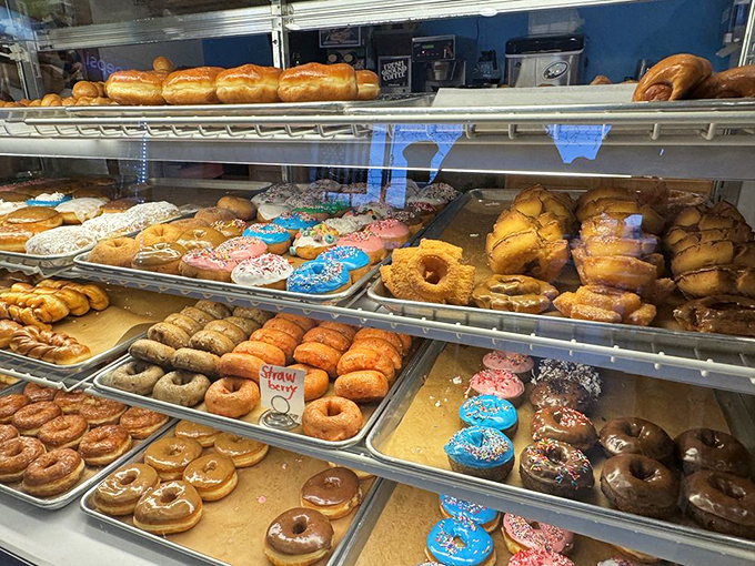 Feast your eyes on this glass case of wonders! It's like Willy Wonka opened a donut shop, minus the Oompa Loompas but with 100% more sprinkles.