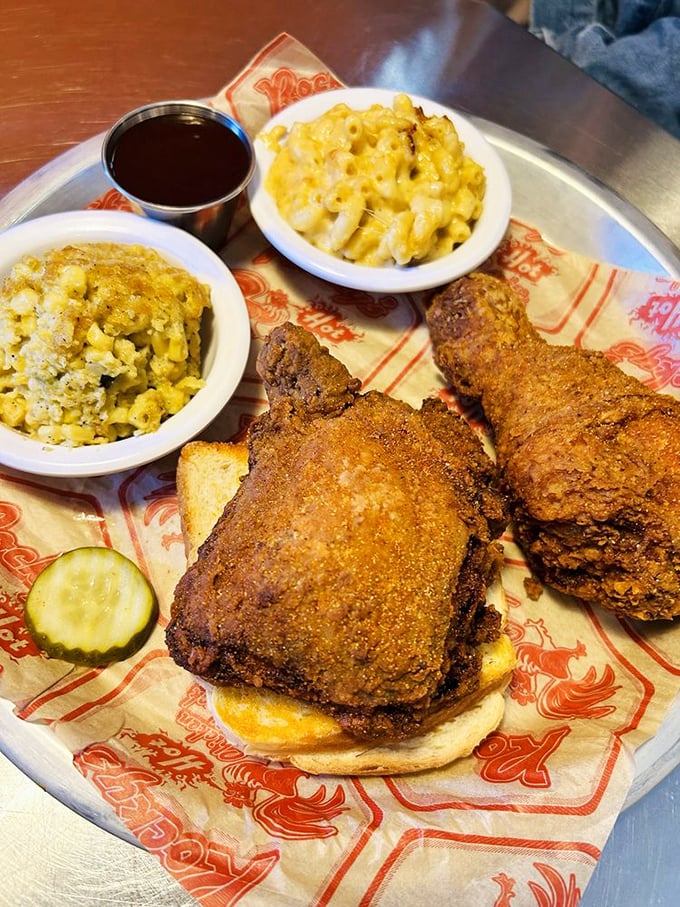 Golden-brown perfection meets mac 'n' cheese nirvana. This plate is what happens when comfort food decides to dress up for a night on the town.