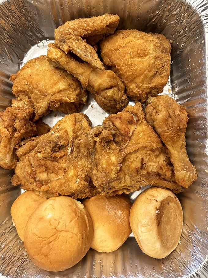 Golden-brown perfection on a plate. This fried chicken is crunchier than my old Walkman's pause button.