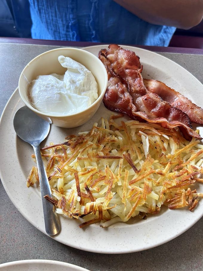 Hash brown heaven! These crispy potato perfections are the Goldilocks of breakfast sides - not too greasy, not too dry, but just right.