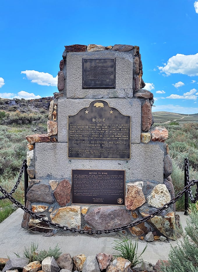 "History set in stone." A monument stands tall, chronicling Bodie's past and reminding us that every ghost town has its origin story.
