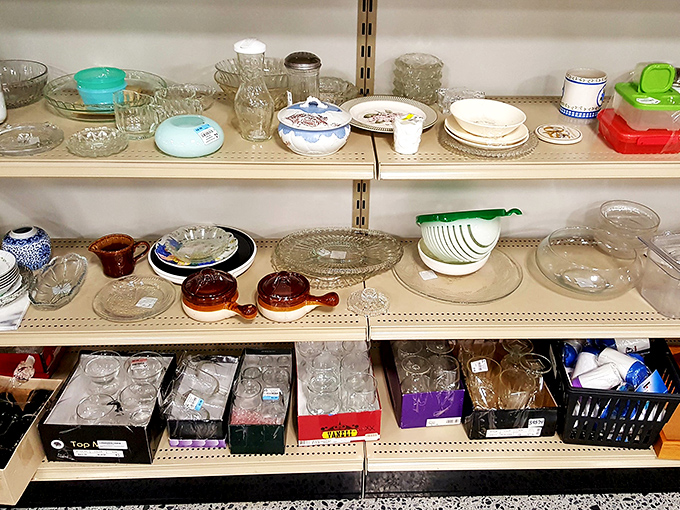 Mismatched plates and quirky mugs galore! This kitchenware aisle is like your grandma's cupboard, but with better prices.