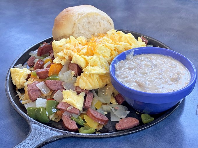 Behold, the breakfast of champions! This hearty plate could fuel an Iditarod team or just one very hungry you. Don't forget to try the mystery sauce!