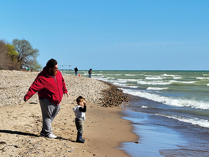 Family bonding, Lakeport style. Where else can you teach life lessons, hunt for beach treasures, and perfect your wave-dodging dance all at once?