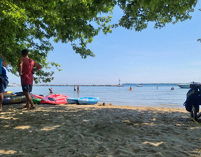 "Beach day shenanigans: Where 'do nothing' becomes an art form." Sun-seekers dot the shoreline, proving that sometimes, the best vacation activity is simply existing.