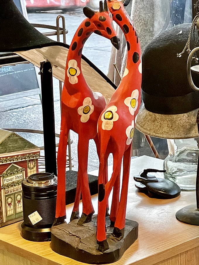 Who knew giraffes could be so stylish? These quirky sculptures prove that even thrift stores have their own version of high fashion.