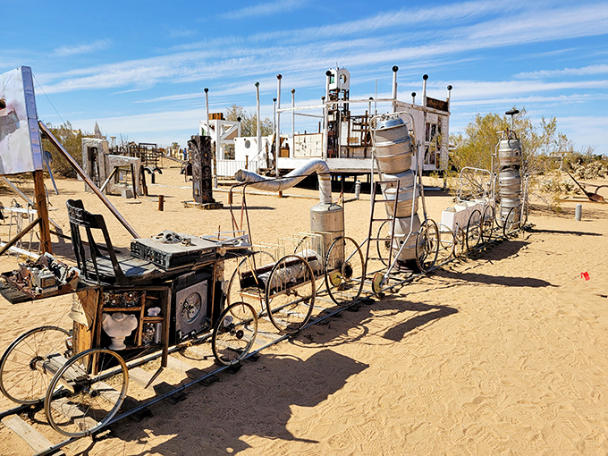 All aboard the Imagination Express! This whimsical train of repurposed odds and ends is ready to take you on a journey through artistic ingenuity.