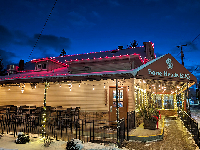 Twinkling lights and smoky delights! Bone Heads BBQ turns Willis into a winter wonderland of flavor year-round.