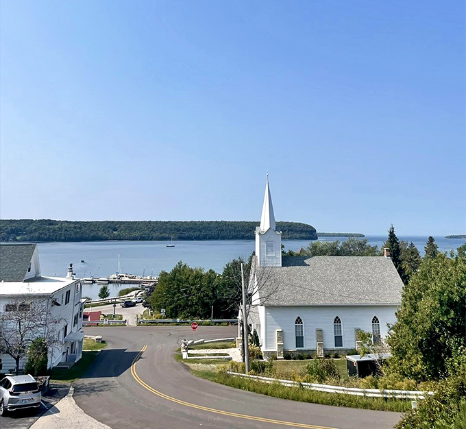 Ephraim: Where New England charm meets Midwest nice. Those white buildings are brighter than a lighthouse keeper's smile.