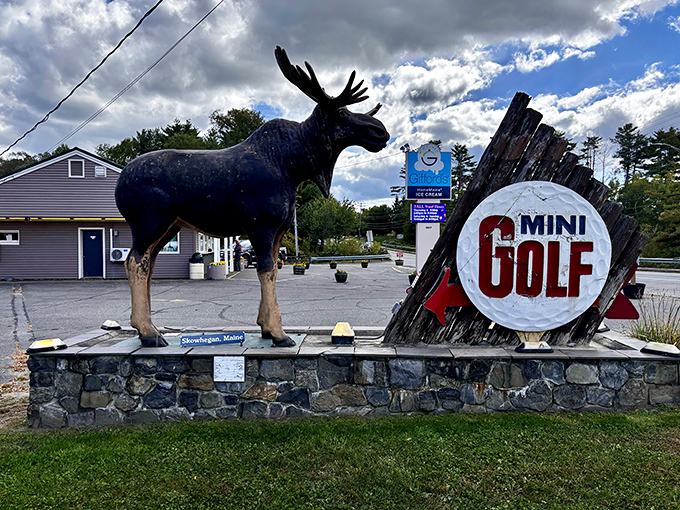 Holy cow, it's a moose! This gentle giant guards the gates to a world where ice cream and golf balls coexist in harmony.