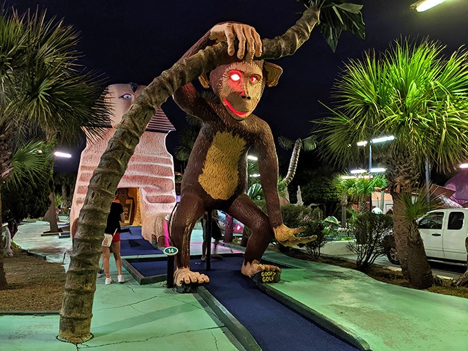 Fore! Or should I say, roar? This kitschy course is where golf meets Jurassic Park, with a side of space aliens.