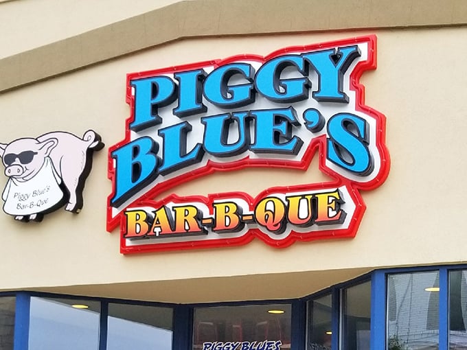 Piggy Blue's: Where pigs wear shades and barbecue reigns supreme. This colorful facade hints at the flavor fiesta waiting just beyond those doors.