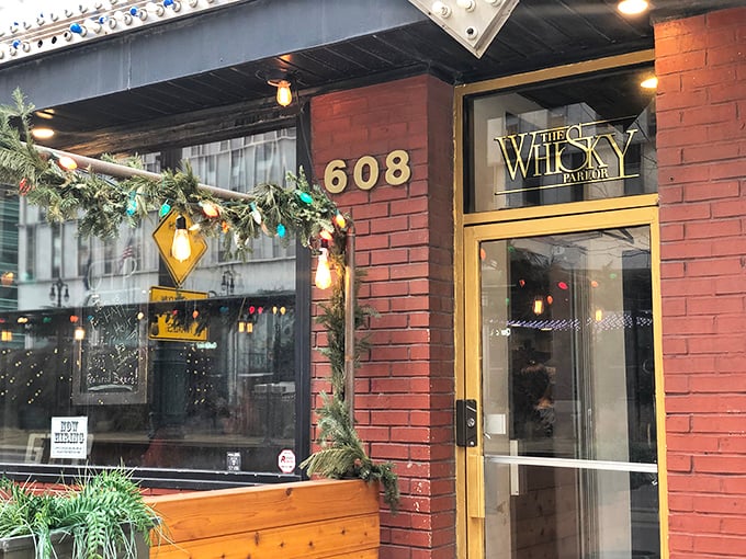 Whisky business! The Whisky Parlor's festive facade is your gateway to spirited adventures. Time to get your sip on!