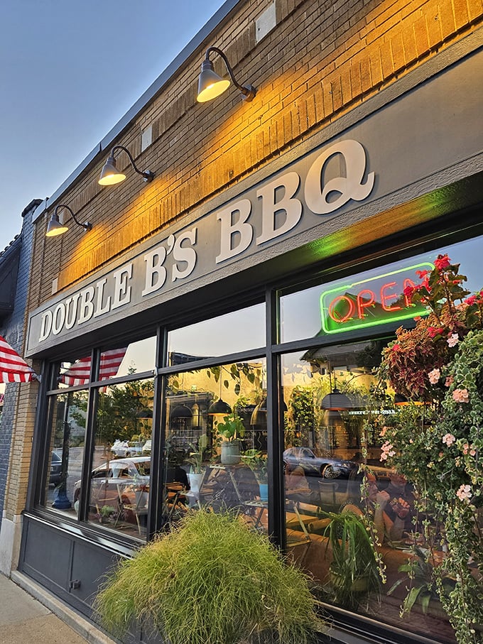 Double B's is serving up double trouble with BBQ and burgers. The plants in the window might be the only green things you'll see on your plate!