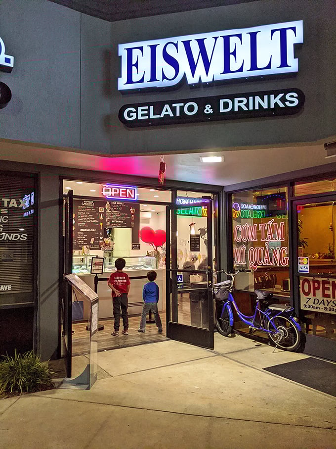 Night or day, Eiswelt Gelato's neon sign beckons. Inside, gelato animals too cute to eat (almost) await their delicious fate.