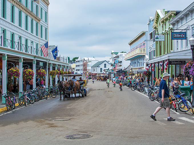 Mackinac Island's Grand Hotel: A majestic winter palace overlooking the Straits of Mackinac. Snow-capped and stately, it's the crown jewel of this car-free paradise.