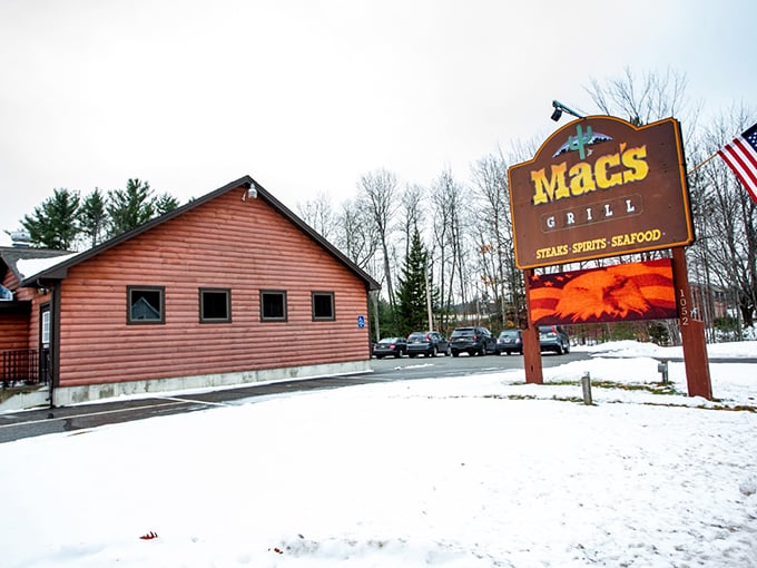 Snow-capped and meat-packed! Mac's Grill stands ready to satisfy your steak cravings, come rain, shine, or blizzard.