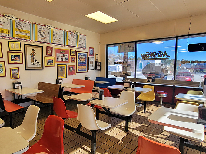 Red hot dogs and retro vibes! Nu-Way's cheerful facade hints at the time-honored delights waiting inside this Macon institution.