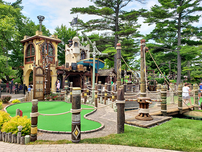 X marks the spot... or is it the hole? Navigate through pirate ships and caves in this treasure of a course.