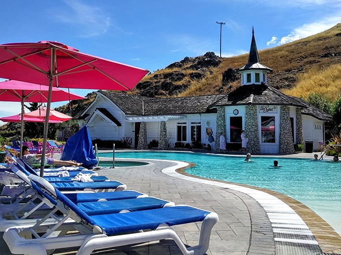 Poolside paradise at the Madonna Inn. It's like someone took a 1960s postcard and turned it into a real place – complete with palm trees and kitsch.