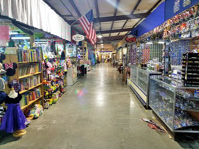 Beneath latticed ceilings, display cases sparkle with vintage glass and collectibles, each shelf telling its own story.
