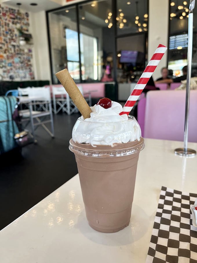 Chocolate shake or drinkable nostalgia? This creamy concoction comes with a side of time travel and a cherry on top.
