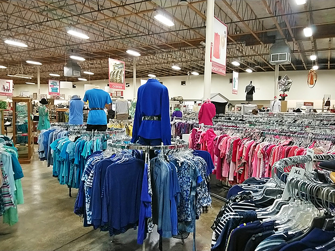 The clothing section's color-coded organization would make Marie Kondo proud, with endless racks of fashion finds.