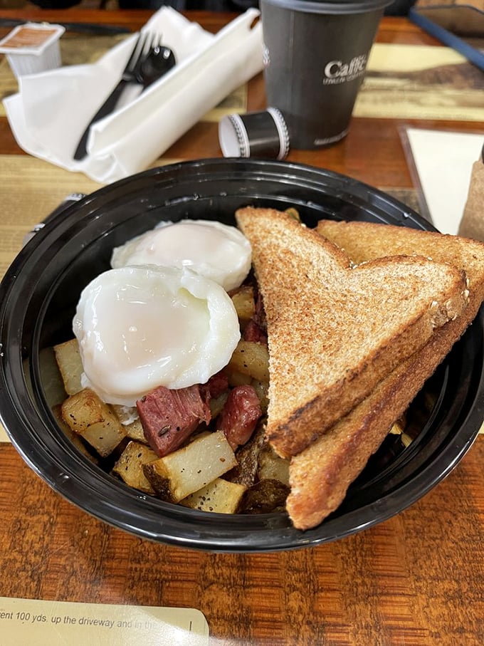 Corned Beef Hash: A symphony of flavors that would make even the grumpiest morning person sing. Poached eggs crown this breakfast royalty.